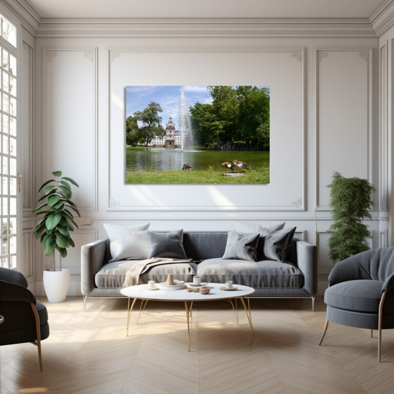 Poster: Enten und Springbrunnen vor dem Schloss Philippsruhe Hanau - raxxa